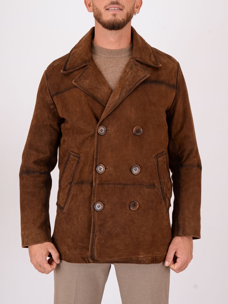 Roy Roger's men's peacoat in vintage-effect suede Tobacco ROY ROGER'S ...